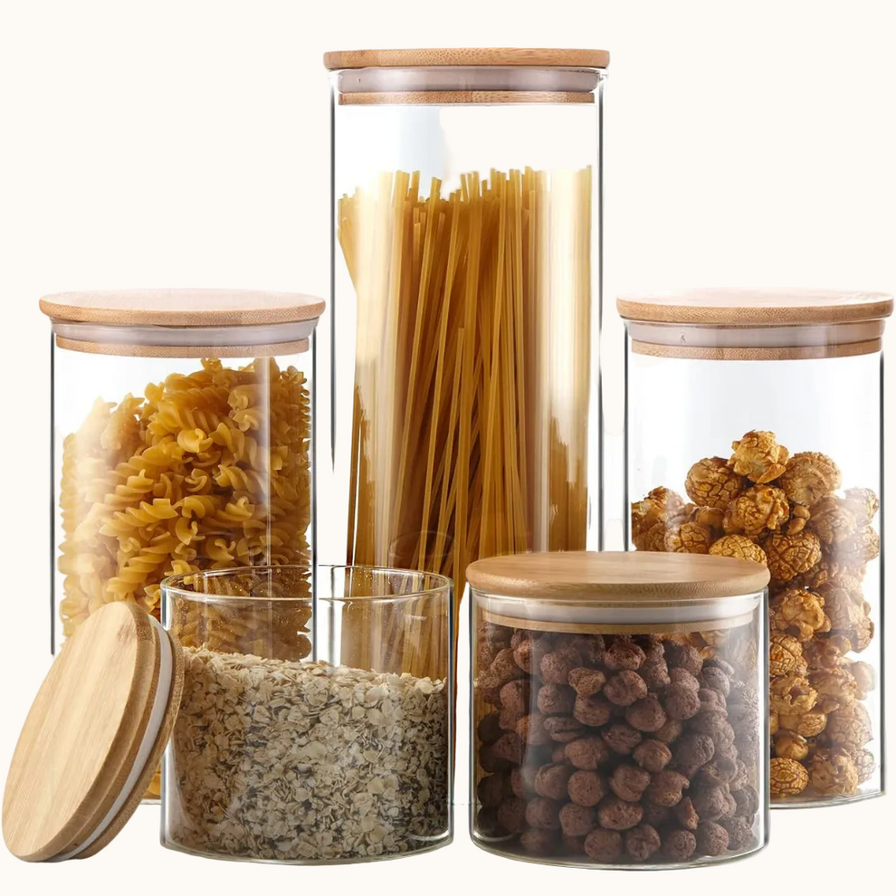 Glass Canisters with Airtight Bamboo Lids for Kitchen & Pantry (Set of ...